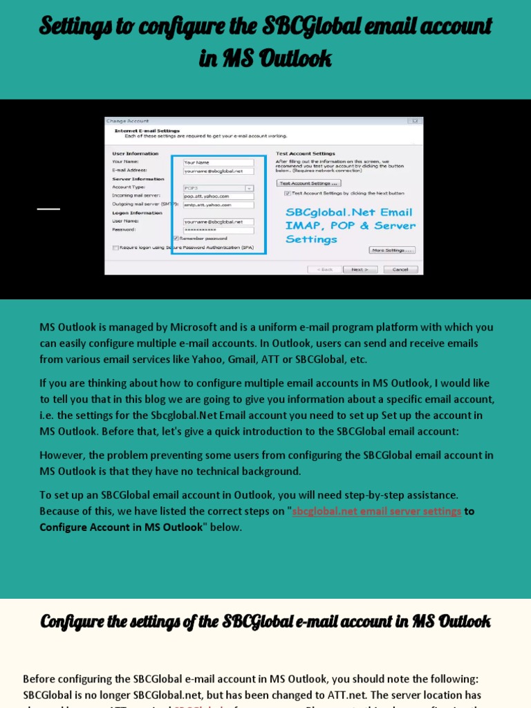 Settings To Configure The SBCGlobal Email Account in MS Outlook PDF ...