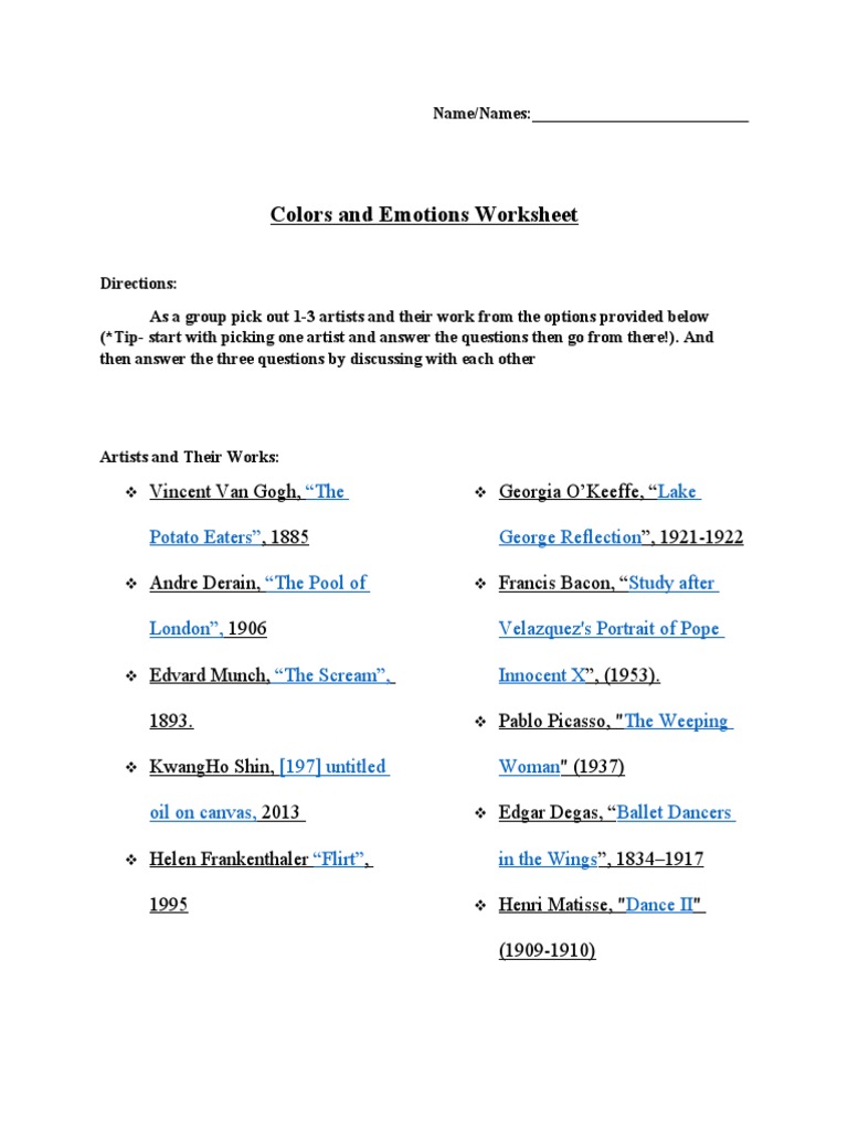 Colors and Emotions Worksheet Template | PDF | Art Movements | Art Media