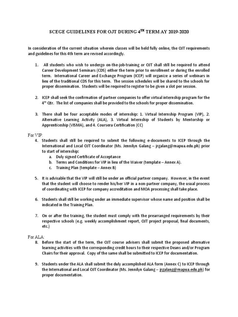 Scege Mapua Guidelines For Ojt During 2ND Term Ay 2020-21 | PDF ...