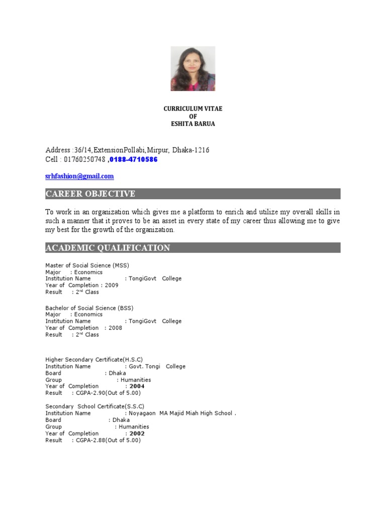 Career Objective: Curriculum Vitae OF Eshita Barua | PDF | Behavior Modification | Learning