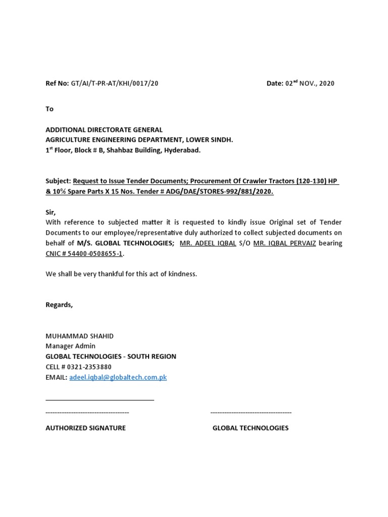 Request Letter For Tender Documents CRAWLER TRACTOR | PDF