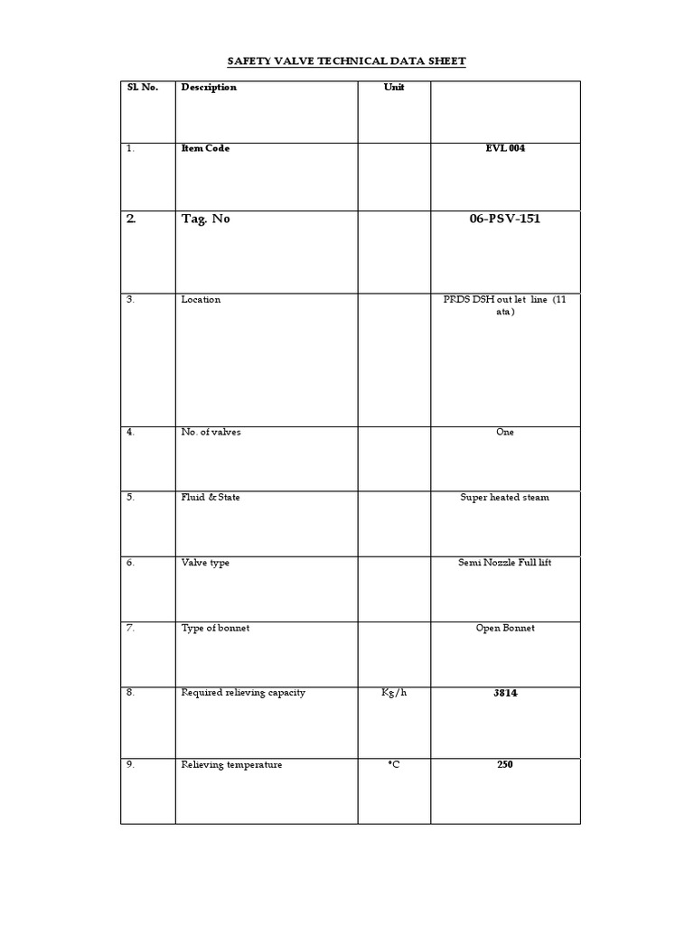 Tag. No 06-PSV-151: Sl. No. Description Unit | PDF