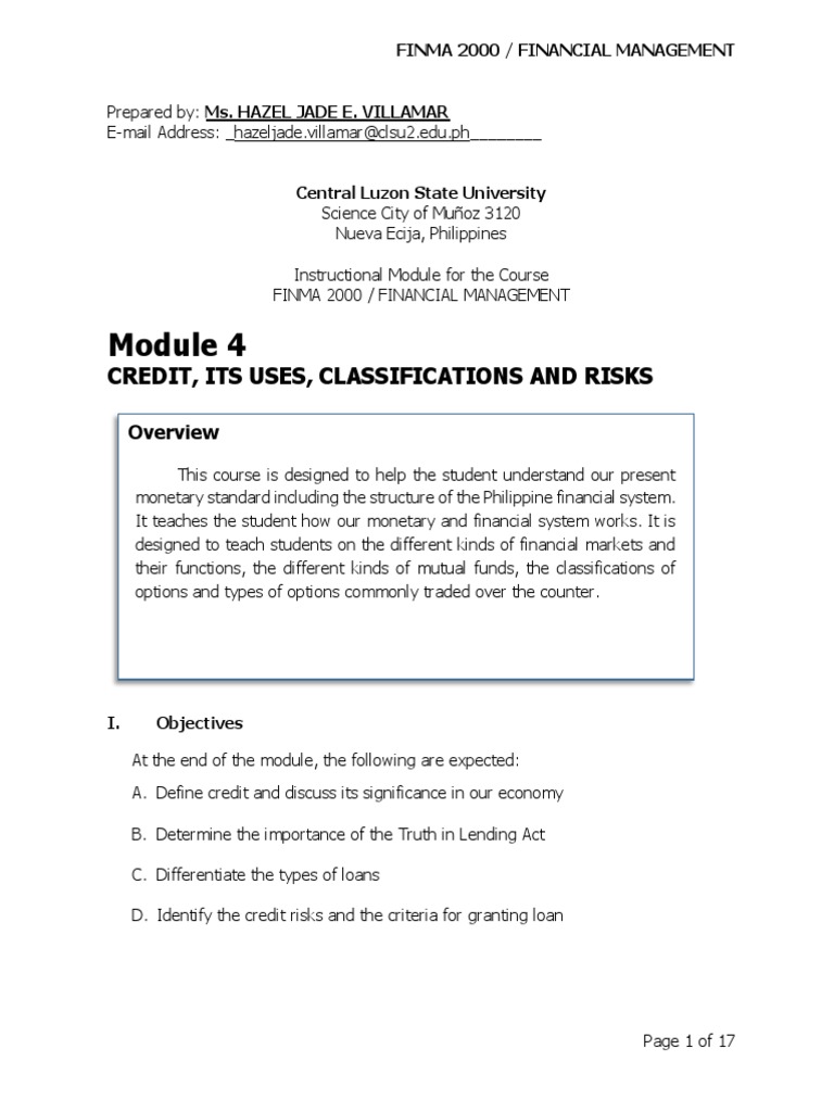 Module 4 - Credit, Its Uses, Classifications and Risks PDF | PDF ...