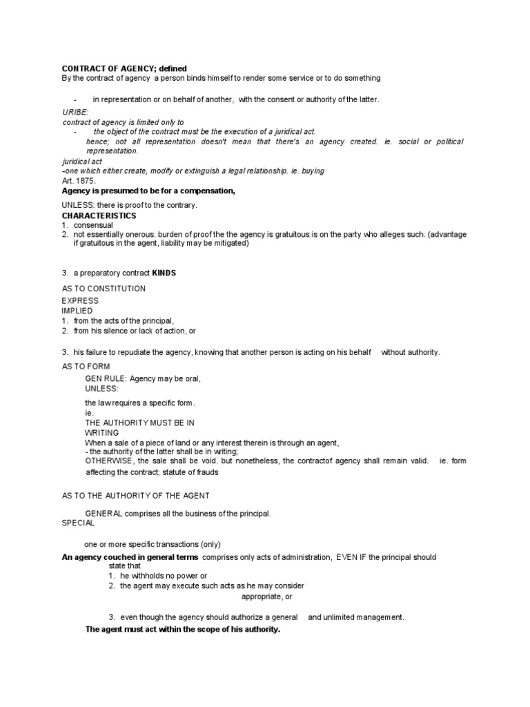 Contract of Agency Defined | PDF | Law Of Agency | Ethical Principles