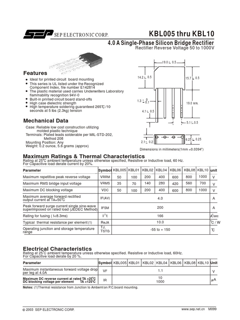 KBL005 Thru KBL10: 4.0 A Single-Phase Silicon Bridge Rectifier | PDF ...
