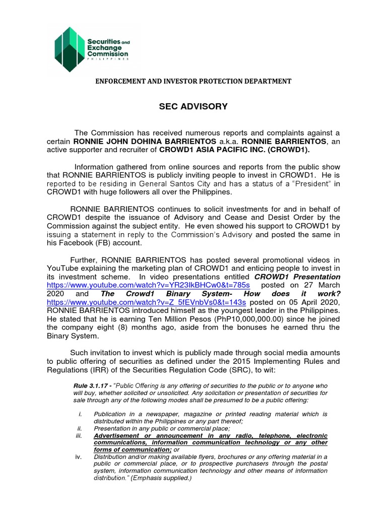 2020advisory Ronnie-Barrientos Crowd1 | PDF | Broker Dealer ...