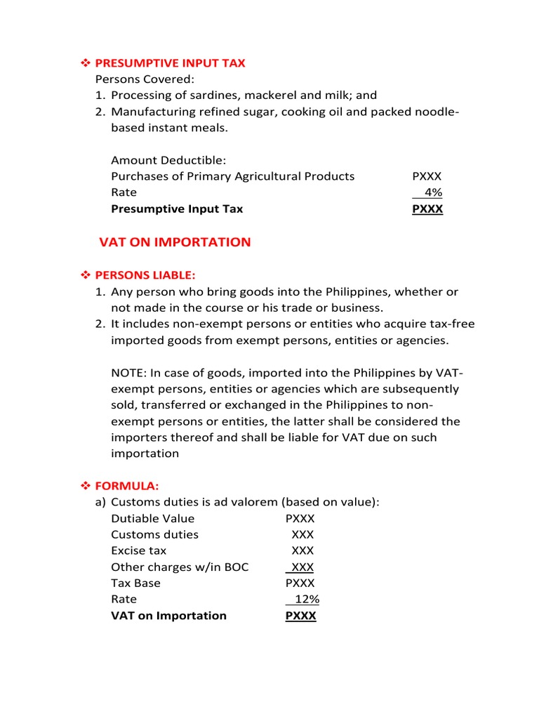 Vat On Importation: Presumptive Input Tax | PDF | Value Added Tax | Receipt