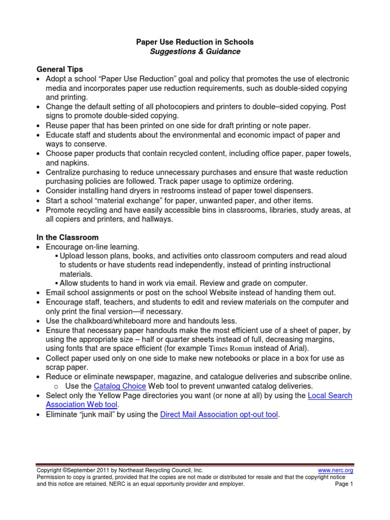 Paper Use Reduction in Schools: Suggestions & Guidance | PDF | Reuse ...