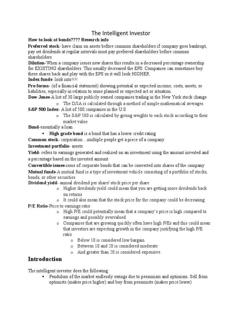 The Intelligent Investor Notes | PDF | Stocks | Bonds (Finance)