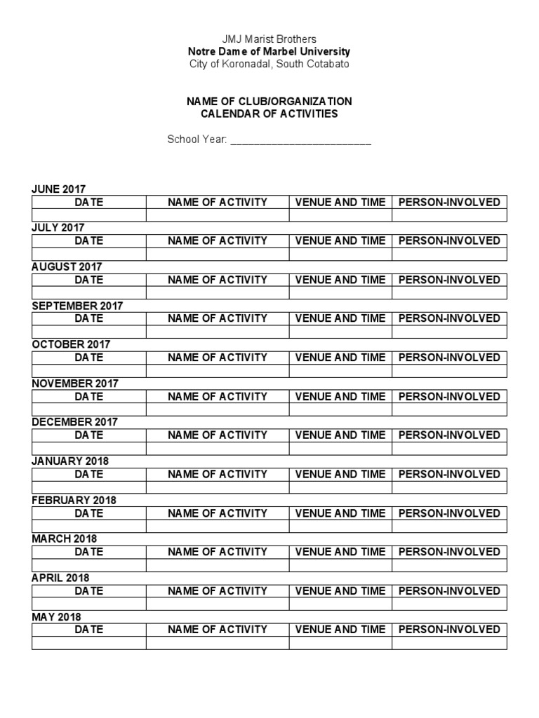 Club Calendar of Activities | PDF