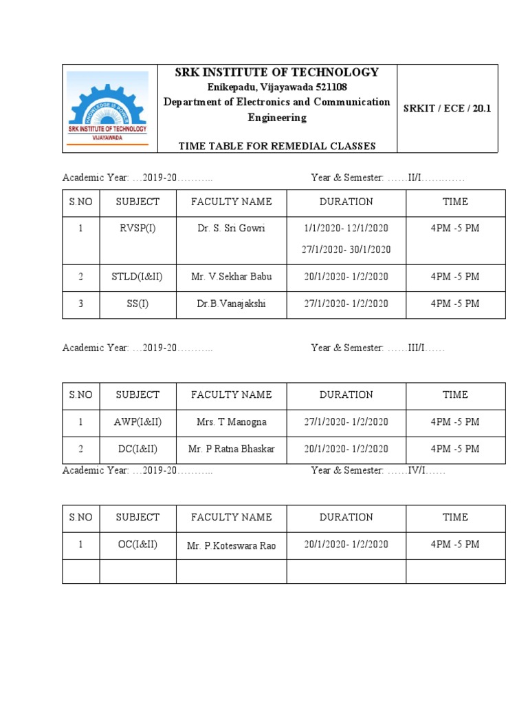 ECE Remedial Classes Timetable 2019-20 | PDF | Technology & Engineering