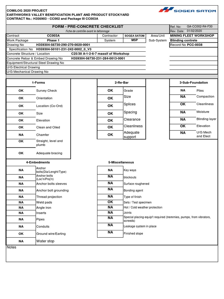 Form - Pre-Concrete Checklist: Fiche de Contrôle Avant Le Bétonnage ...