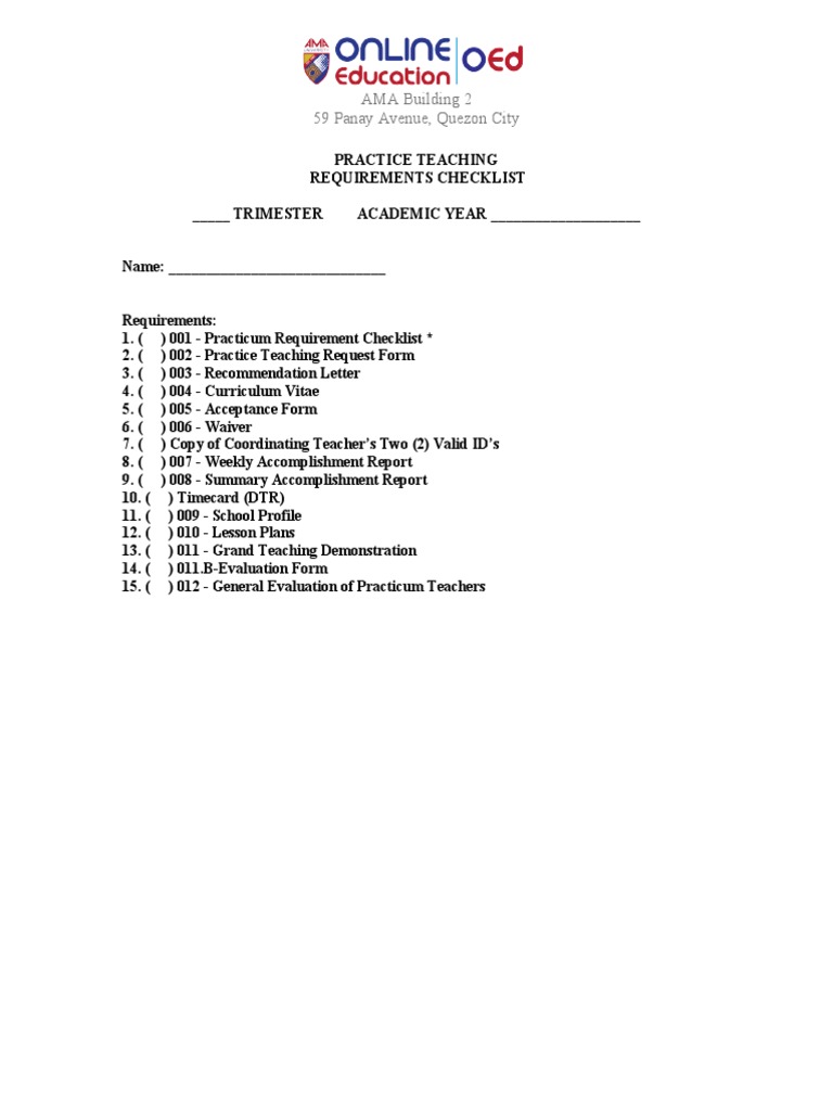 001 - Practicum Requirement Checklist | PDF