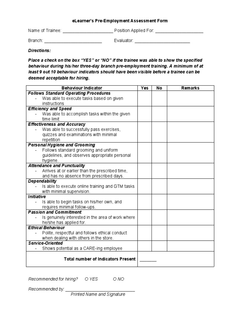 Elearner'S Pre-Employment Assessment Form | PDF