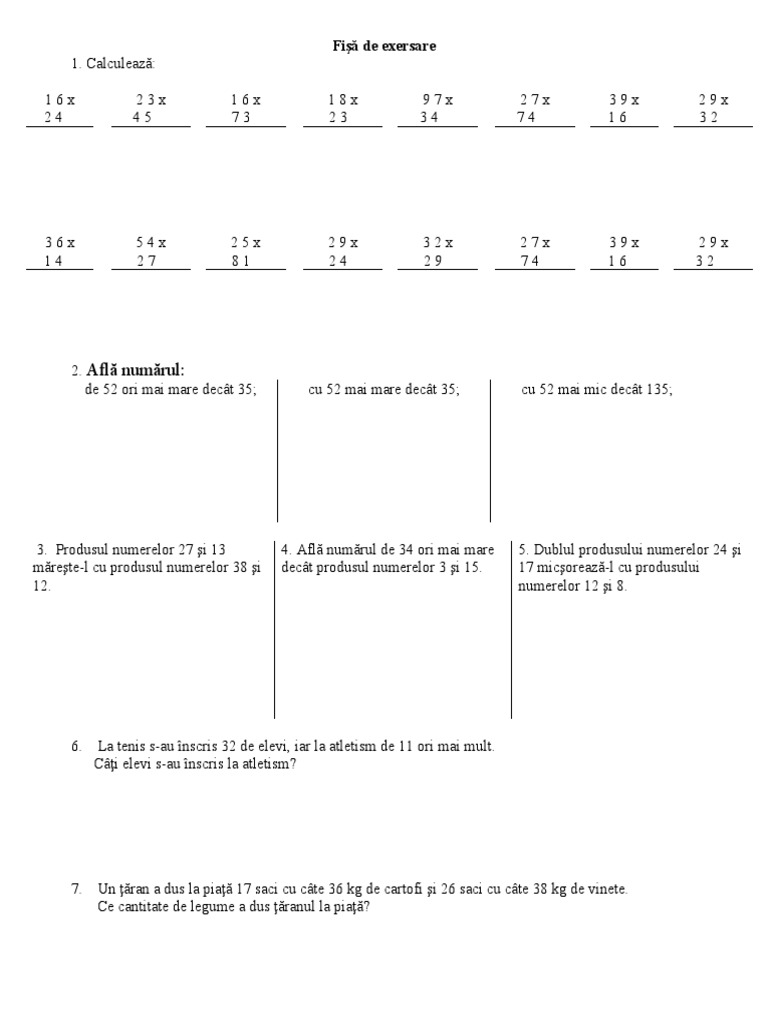 Fisa - de - Lucru - MAT - INMULTIREA CU 2 CIFRE | PDF