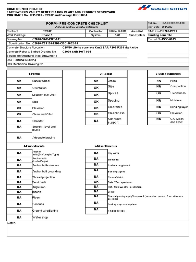 Form - Pre-Concrete Checklist: Fiche de Contrôle Avant Le Bétonnage ...