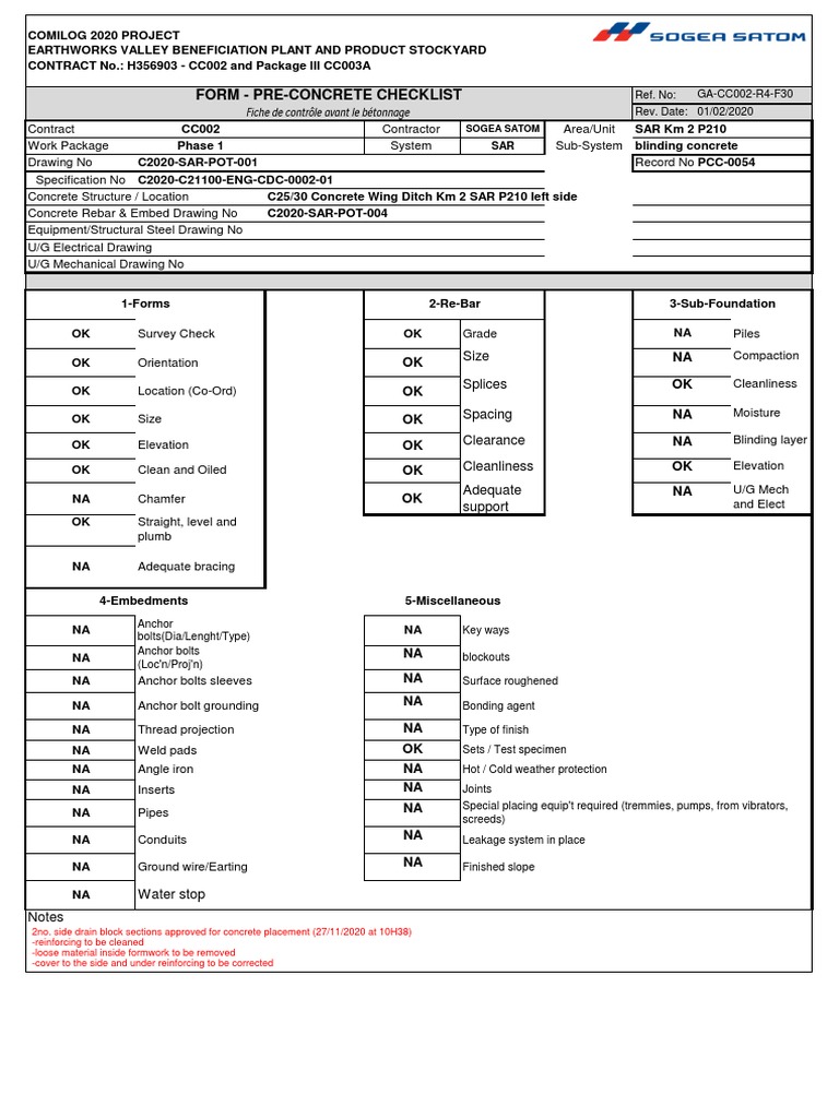 Form - Pre-Concrete Checklist: Fiche de Contrôle Avant Le Bétonnage ...