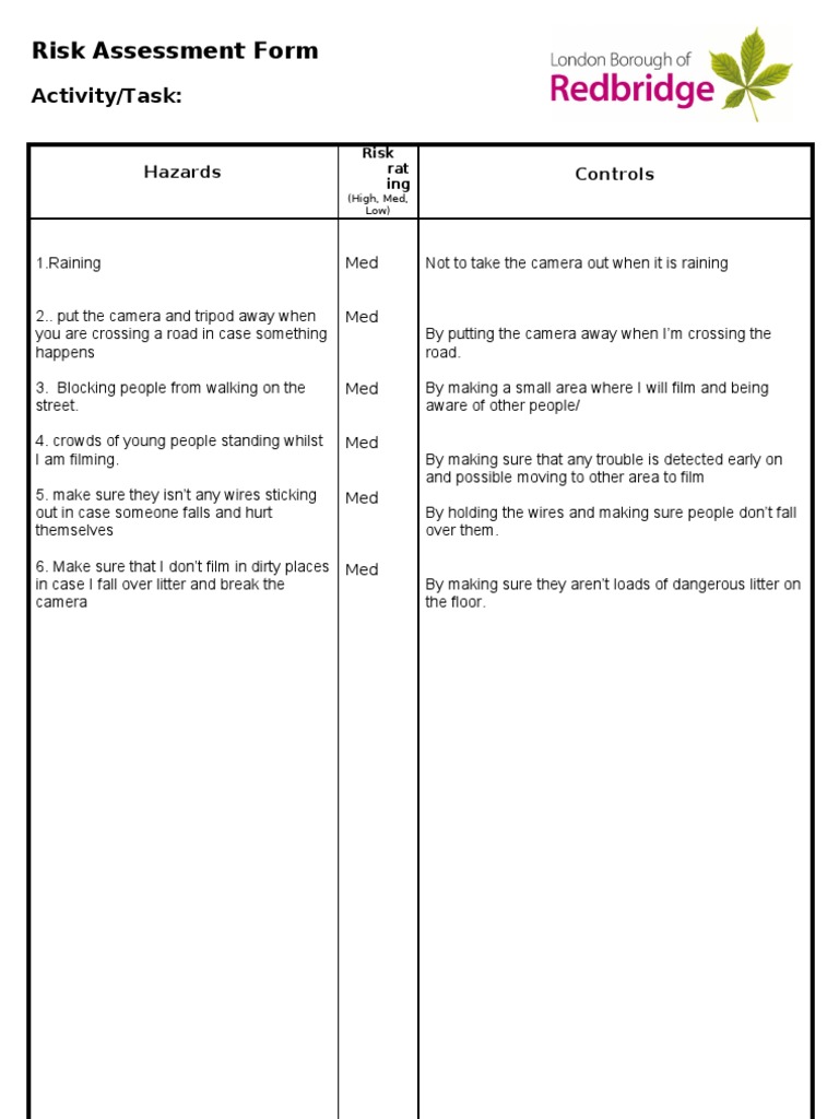 Risk Assessment for Filming Safety | PDF