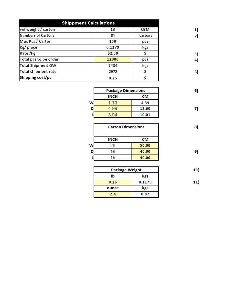 Shipment Formula Calculations | PDF | Volume | Mass