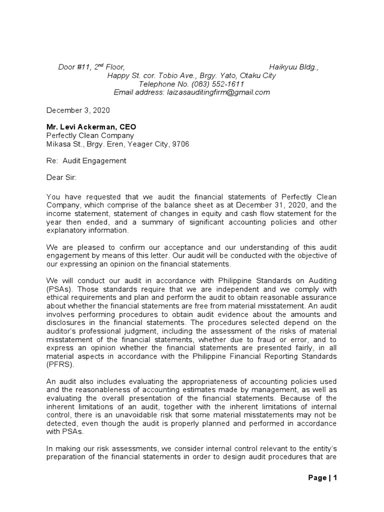 Audit Engagement Letter Sales | PDF | Internal Control | Audit