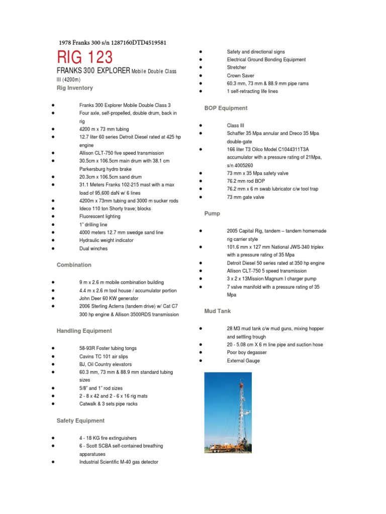 Franks 300 Workover Rig Specs | PDF | Vehicle Technology | Mechanical ...
