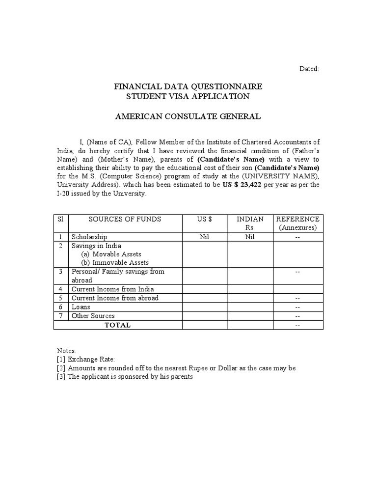 Financial Data Questionnaire Student Visa Application American ...