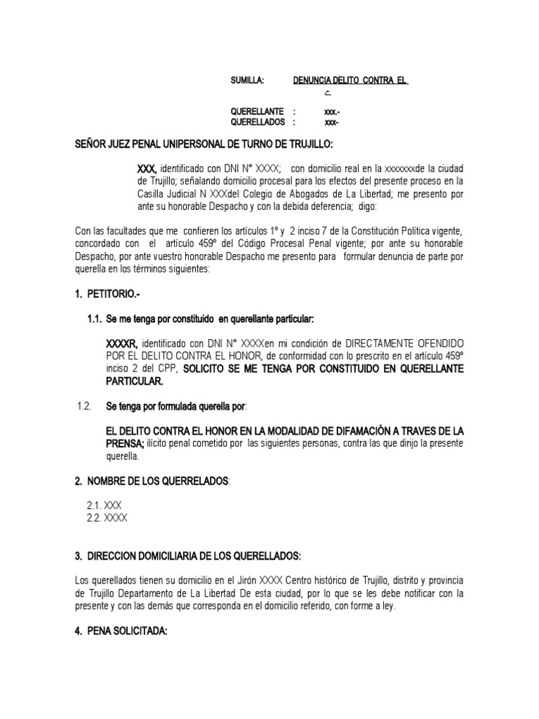 Modelo de Querella | PDF | Derecho penal | Queja