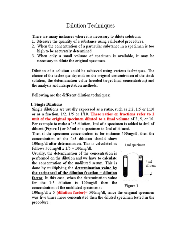 Dilution Techniques: I. Single Dilutions | PDF | Concentration | Ratio