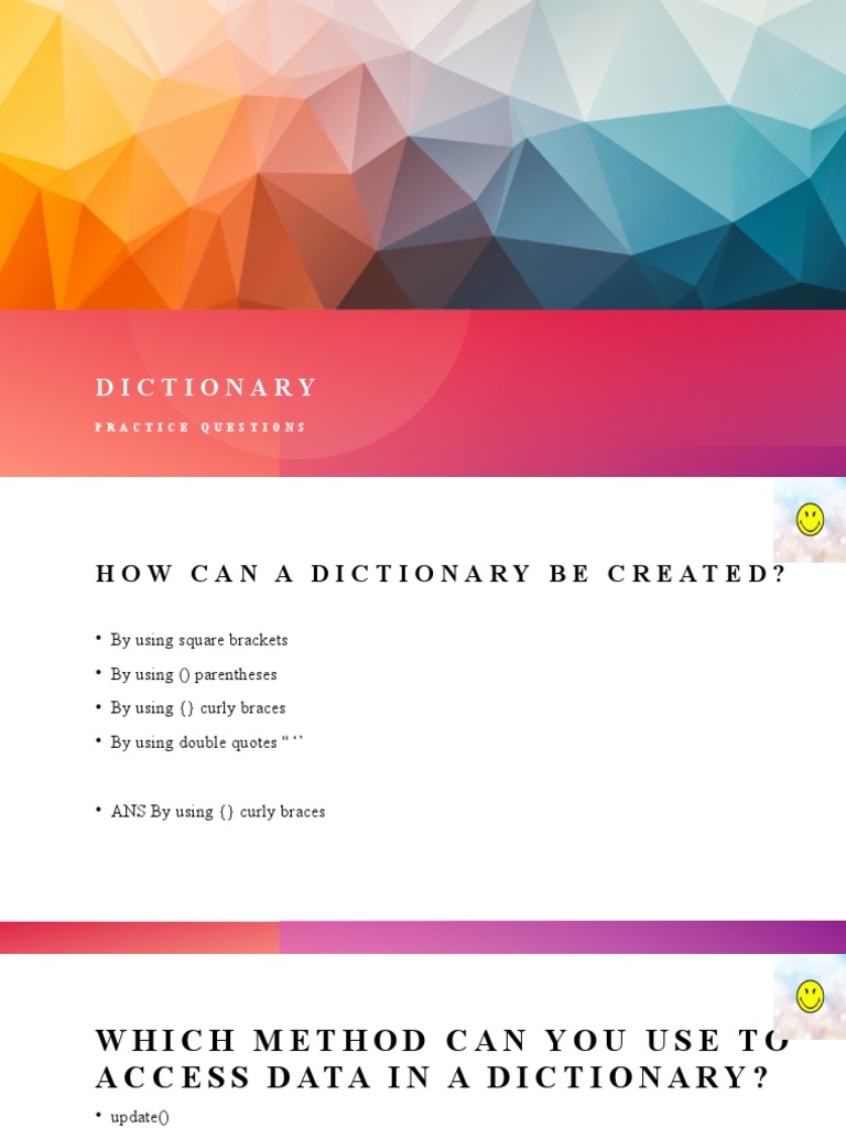 Practice Dictionary Questions | PDF | Bracket | Parameter (Computer Programming)