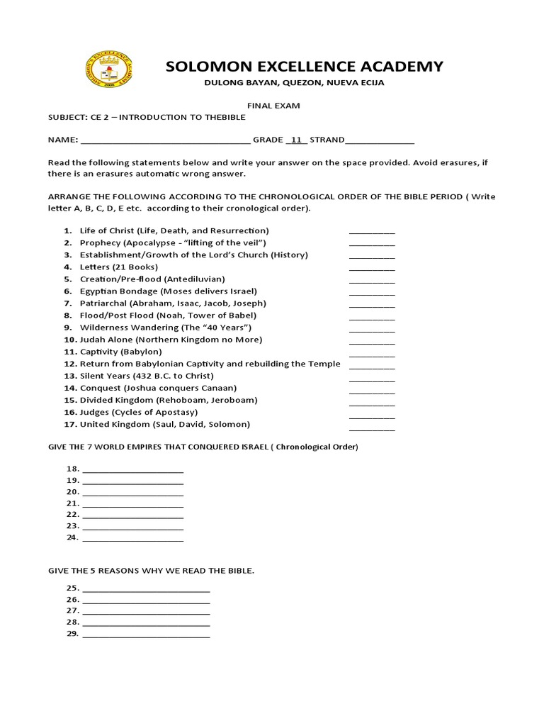 Ce Intro To The Bible Final Exam 2020 Grade11 | PDF | Solomons | Bible