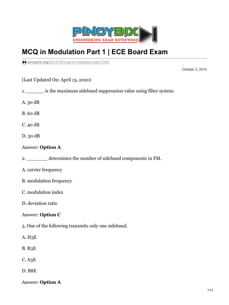 MCQ in Modulation Part 1 ECE Board Exam | PDF | Frequency Modulation | Modulation