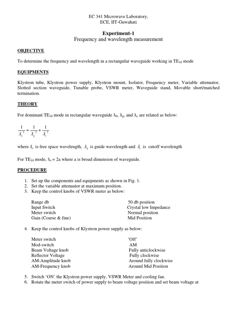 Frequency and Wavelength Measurement: Experiment-1 | PDF | Waveguide ...