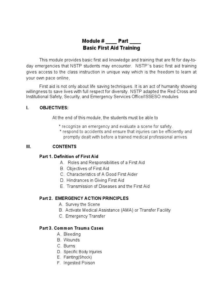 Module # - Part - Basic First Aid Training: I. Objectives | PDF | First ...