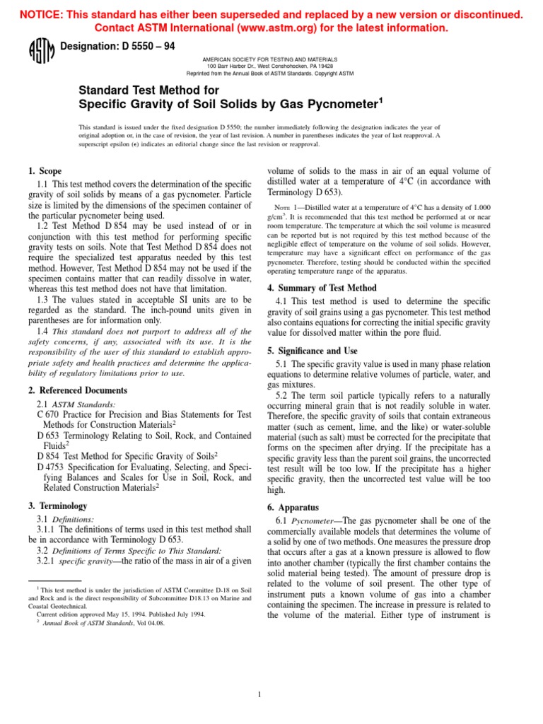 Specific Gravity of Soil Solids by Gas Pycnometer: Standard Test Method ...