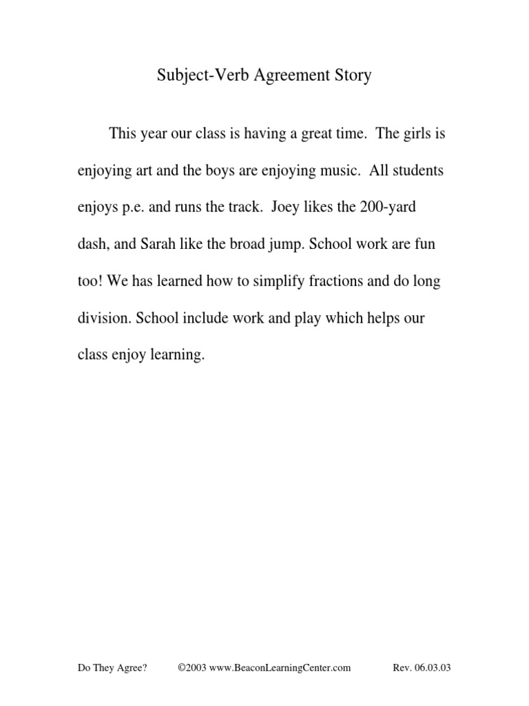 Subject-Verb Agreement Story: Do They Agree? Rev. 06.03.03 | PDF | Verb ...
