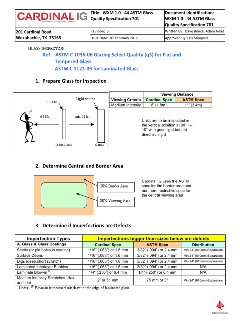 Ref: ASTM C 1036 - 06 Glazing Select Quality (q3) For Flat and Tempered Glass ASTM C 1172 - 09 ...