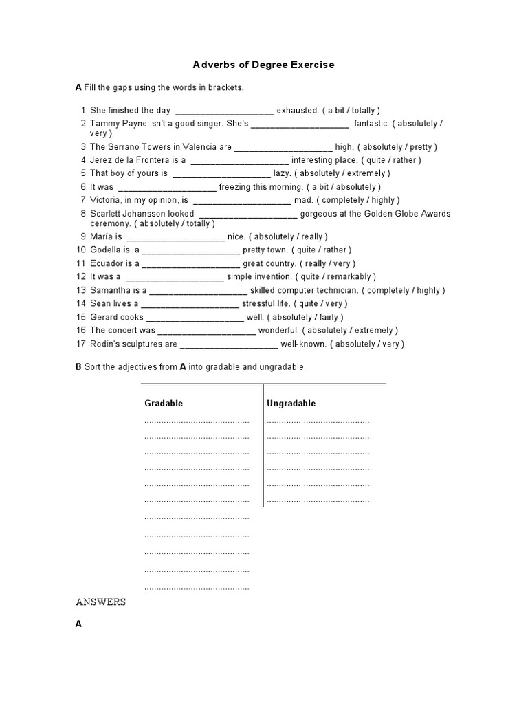 Adverbs of Degree Exercise: A Fill The Gaps Using The Words in Brackets ...
