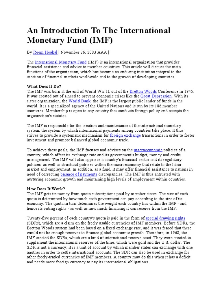An Overview of the Functions and Operations of the International Monetary Fund and its Role in ...