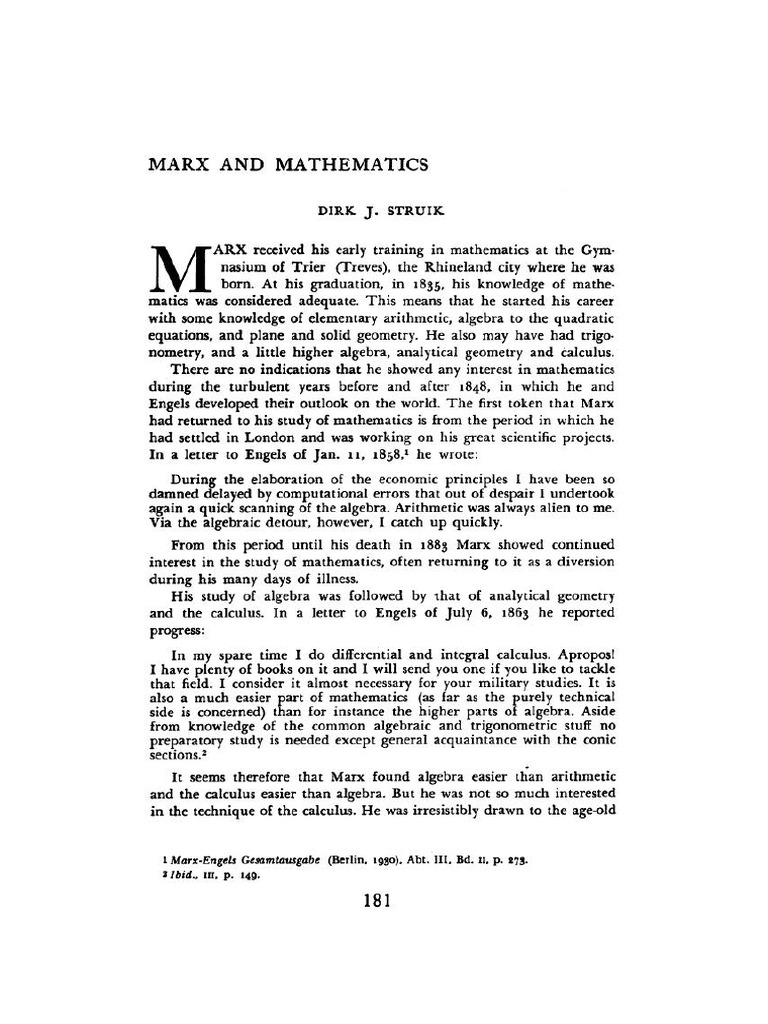 STRUIK, Dirk. Marx and Mathematics | PDF