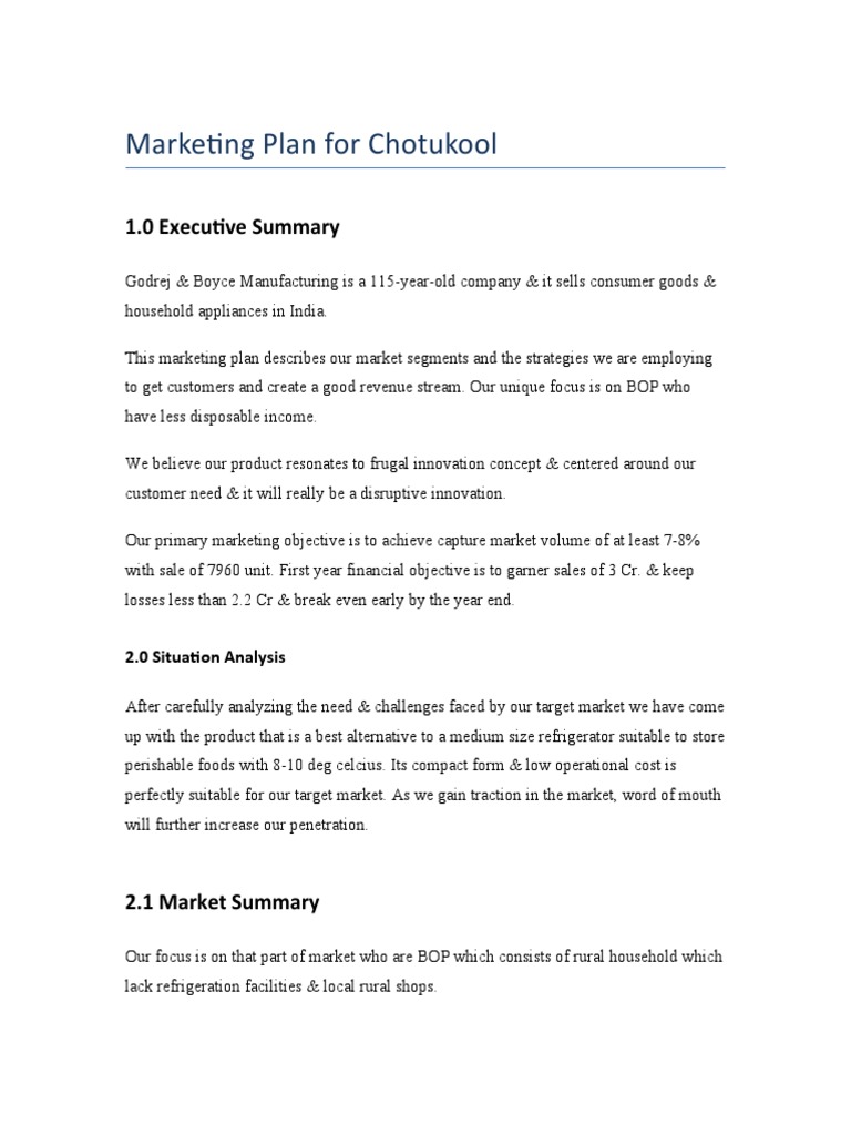 Marketing Plan For Chotukool: 1.0 Executive Summary | PDF | Advertising ...