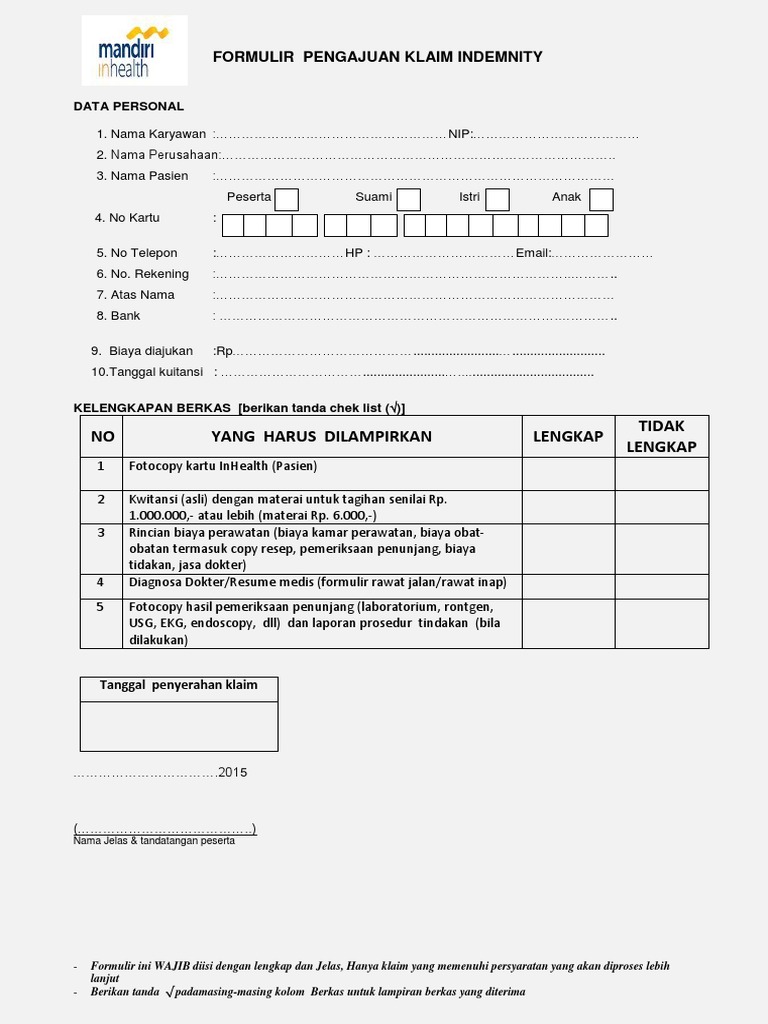 Formulir Klaim Indemnity InHealth | PDF