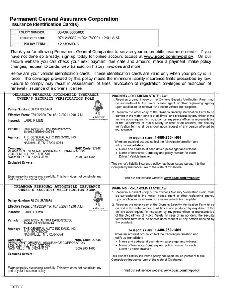 Oklahoma Auto Insurance Verification Form | PDF | Vehicle Insurance ...