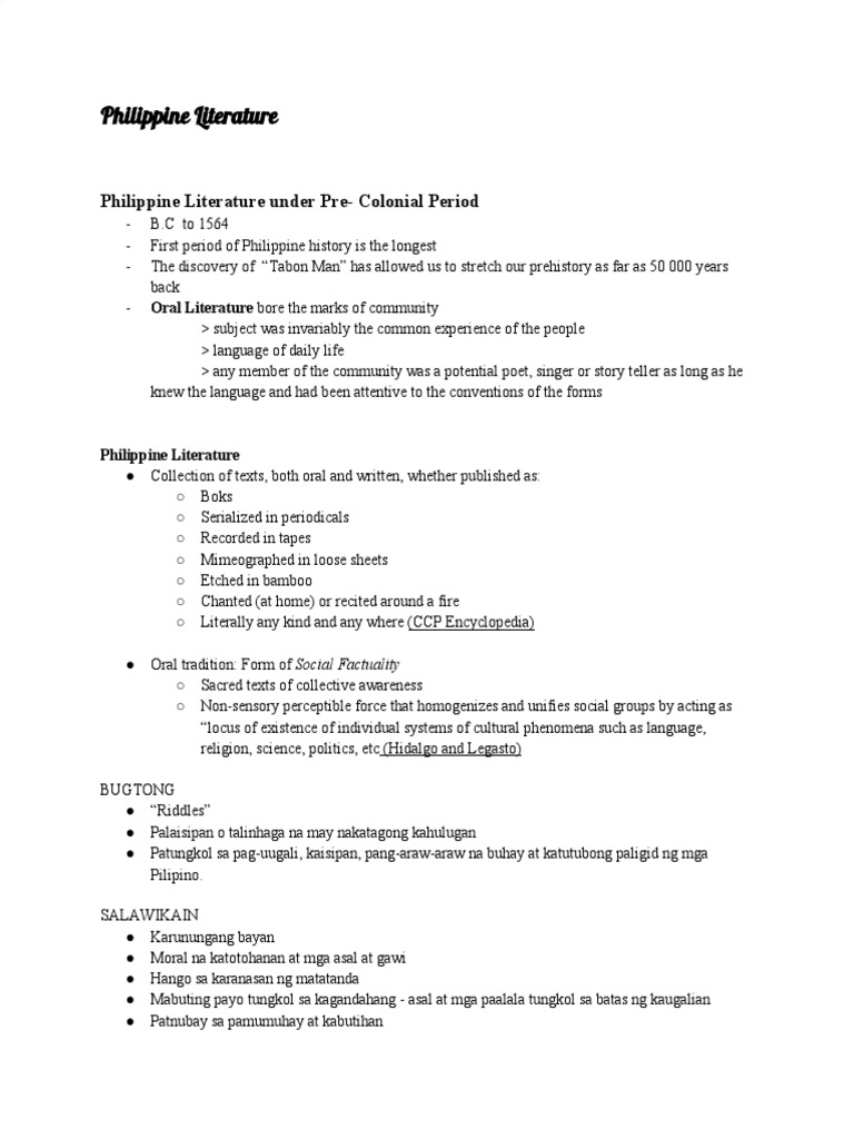 Philippine Literature Under Pre-Colonial Period | PDF | Tagalog ...