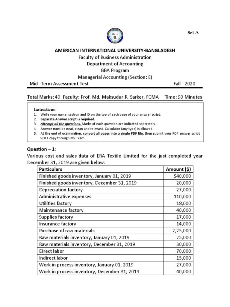 Mid Term Assessment Test Fall 2020 | PDF | Inventory | Financial Accounting