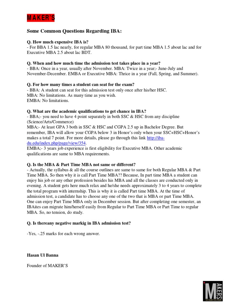 Your All Questions About IBA and Their Answers | PDF | Master Of ...