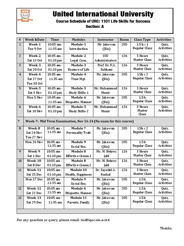 LSS Schedule - Section A | PDF