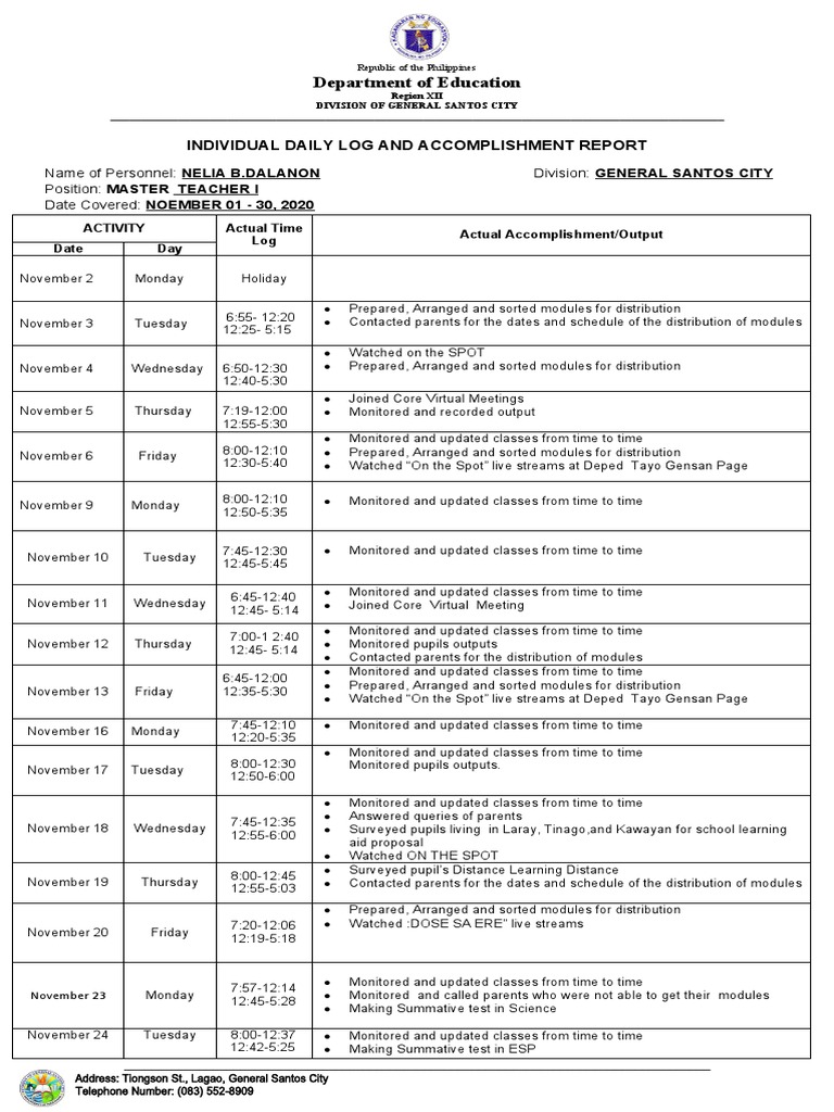 Department of Education: Individual Daily Log and Accomplishment Report ...