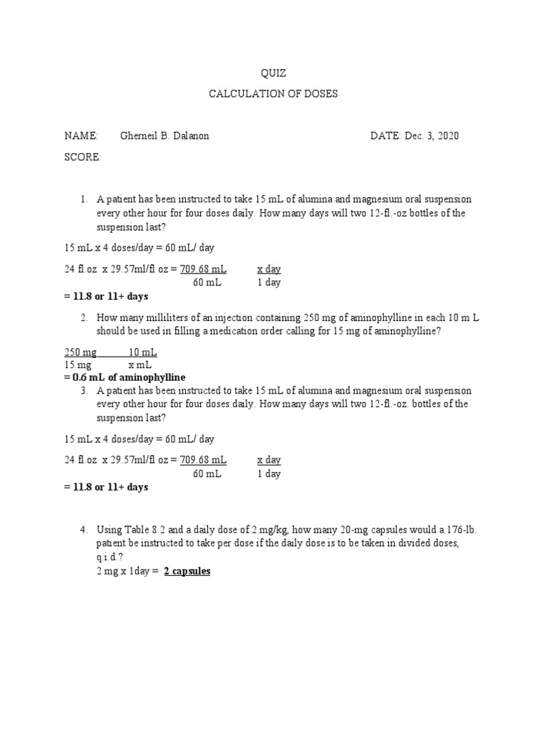 Quiz - Calculation of Doses | PDF | Dose (Biochemistry) | Chemistry