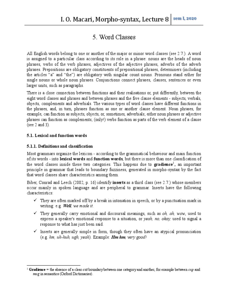 I. O. Macari, Morpho-Syntax, Lecture 8 5. Word Classes | PDF | Part Of Speech | Noun