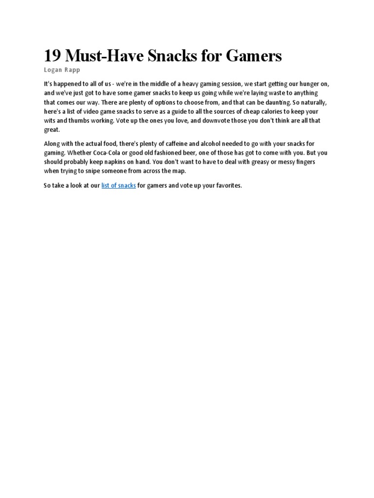 19 Must-Have Snacks For Gamers: Logan Rapp | PDF | Chocolate | Foods